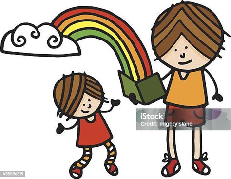 Kakak Dan Adik Membaca Buku Dengan Pelangi Ilustrasi Stok Unduh
