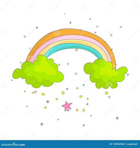Cute Cartoon Rainbow On Two Green Clouds Icon Colored Funny Rainbow