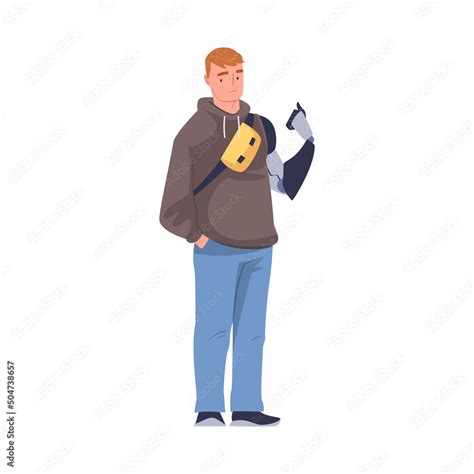 Man Character With Replaced Robotic Arms As Body Part Prosthesis Restoring Normal Functioning