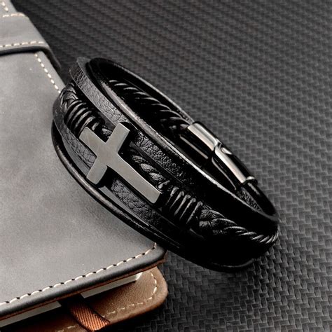 Cross Multi Layer Stainless Steel Fashion Mens Leather Bracelet