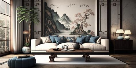 Asian Inspired Modern Living Room Interior Stock Illustration