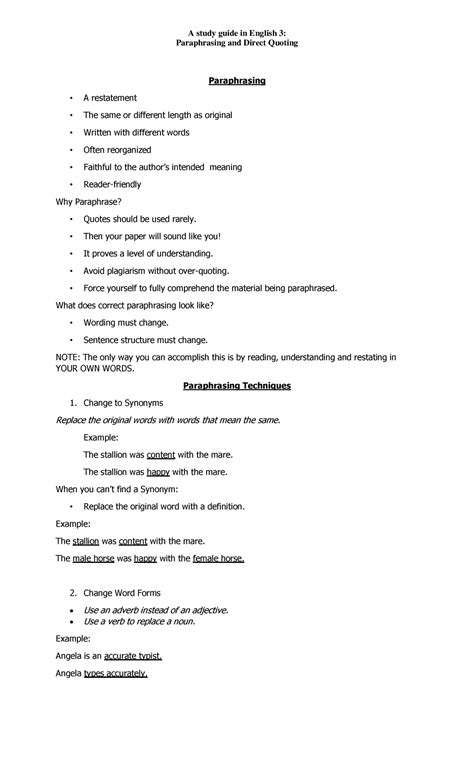 Paraphrasing Direct Quoting Study Guide A Study Guide In English Paraphrasing And Direct