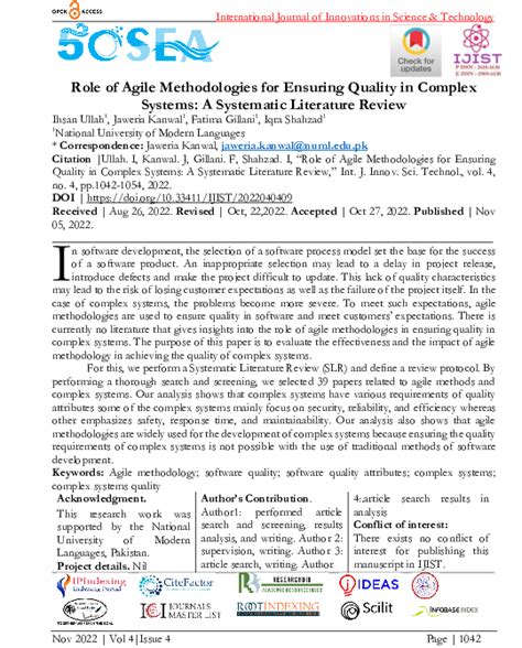 Pdf Role Of Agile Methodologies For Ensuring Quality In Complex Systems A Systematic