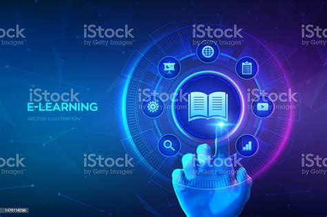 전자 학습 혁신적인 온라인 교육 및 인터넷 기술 개념 웨비나 교육 온라인 교육 과정 기술 개발 손을 만지는 디지털 인터페이스
