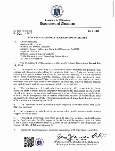Guidelines On The Implementation Of 2023 Brigada Eskwela Deped Oder