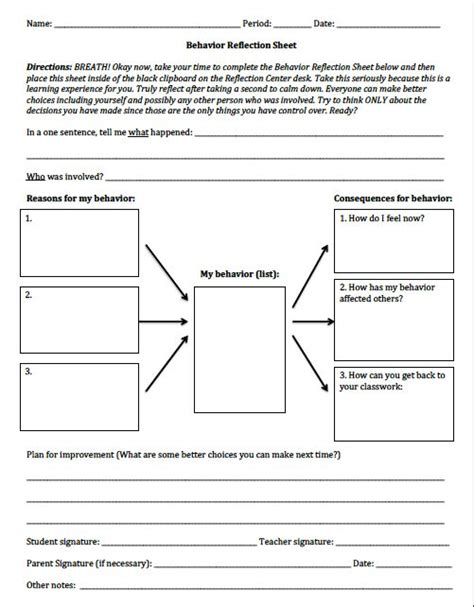 Behavior Reflection Sheet Behavior Reflection Behavior Reflection