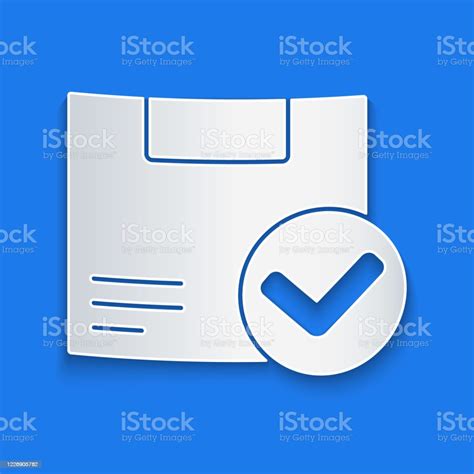 剪紙包裝框 帶有在藍色背景上隔離的複選標記圖示包裹框已批准的遞送或成功包裹收據紙藝術風格向量插圖向量圖形及更多一個物體圖片 Istock