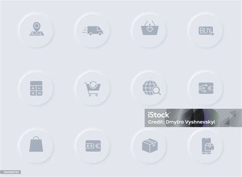 둥근 고무 버튼에 회색 벡터 아이콘을 쇼핑 웹 모바일 앱 Ui 디자인 및 프로모션 비즈니스 폴리그래피용 E 쇼핑 아이콘 세트