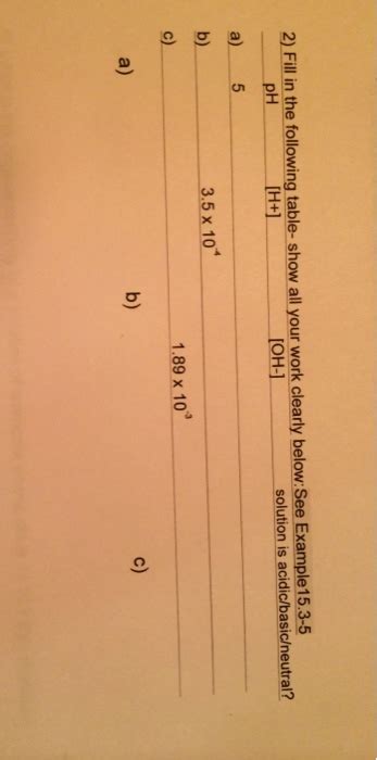 solved fill in the following table show all your work
