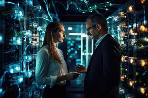 Premium Photo Female And Male IT Engineers Discussing Technical Details In Data Center