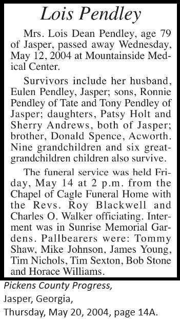 Lois Dean Spence Pendley 1924 2004 Find A Grave Memorial