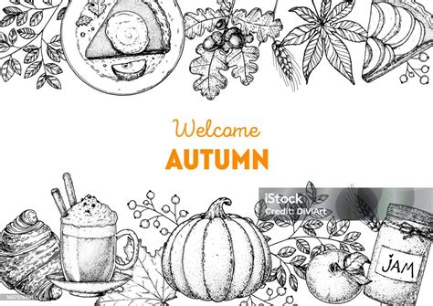 아늑한 가을 프레임입니다 손으로 그린 벡터 그림입니다 디자인 요소 호박 나뭇가지 뜨거운 음료 커피 사과 파이 도토리 나뭇잎 세트 따뜻한 가을 손으로 그린 스케치입니다 0명에