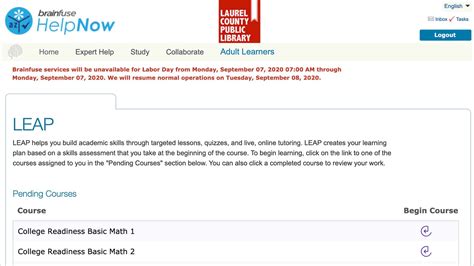 Brainfuse Helpnow Laurel County Public Library