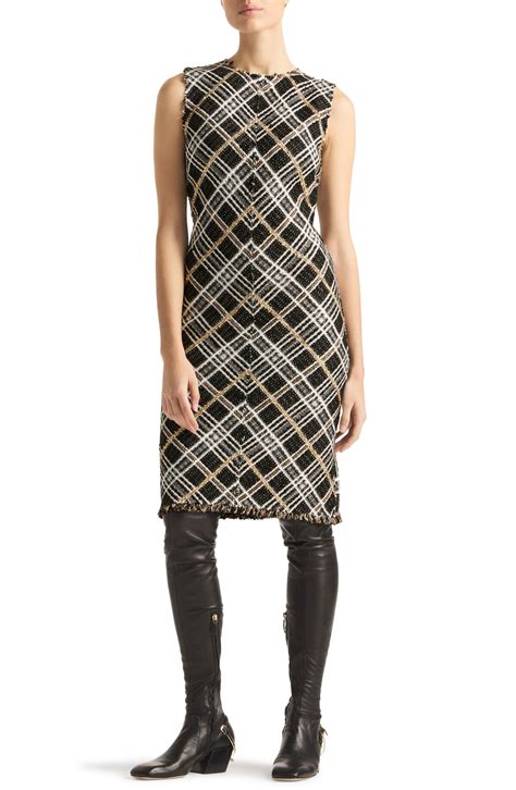 St John Sparkle Plaid Tweed Knit Sheath Dress Black Ecru Gold