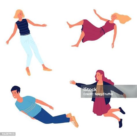 사람들이 날고 있습니다 무중력의 남자와 여자 흰색 문자에 고립된 만화 평면 스타일 마음 확장을 위한 휴식 명상과 평온 행복한