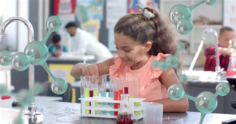 Conducting Science Experiment Girl In Classroom With Molecule Image Over Scene Stock Image