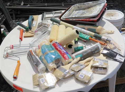 Multiple Paint Brushes Rollers Pans Pails Paint Primer Etc