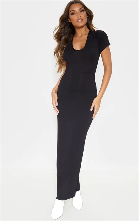 Black Jersey V Neck Short Sleeve Maxi Dress Prettylittlething Ca