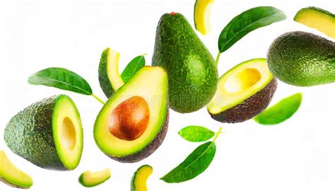 Avocado With Half Slices Avocados Falling Or Flying In The Air With