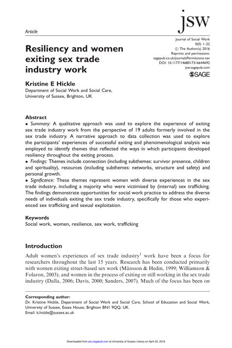 Pdf Resiliency And Women Exiting Sex Trade Industry Work