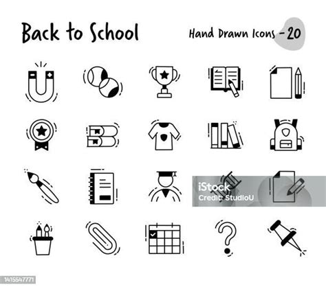 Retour À Lécole Icônes Dessinées À La Main Vecteurs Libres De Droits Et