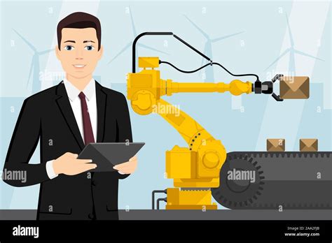 Engineer With A Digital Tablet Controls Robots On The Car Assembly Line
