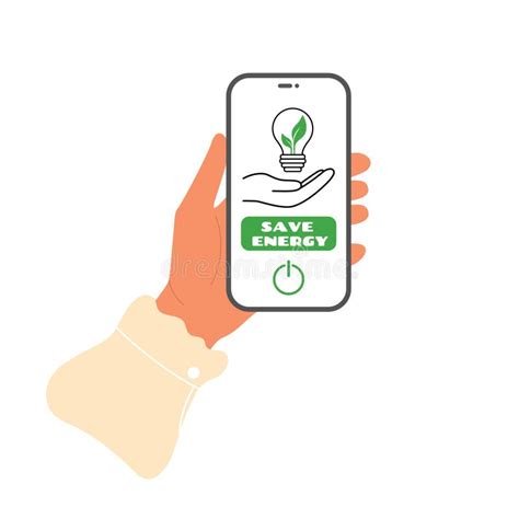 Hands Hold Phone With Save Energy Icon On Screen Lightbulb With Green Leaves Inside And Power