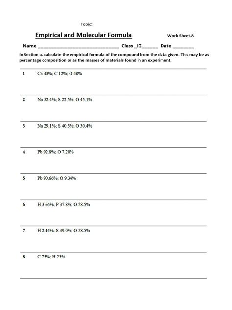 Empirical And Chemical Formula Worksheet 8 Pdf