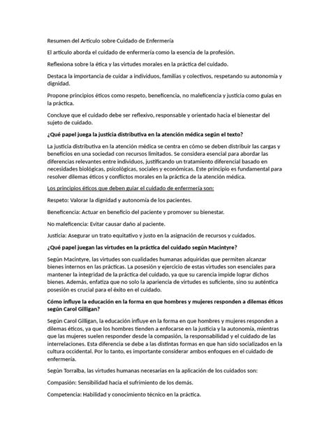 Resumen Del Artículo Sobre Cuidado De Enfermería Pdf Enfermería