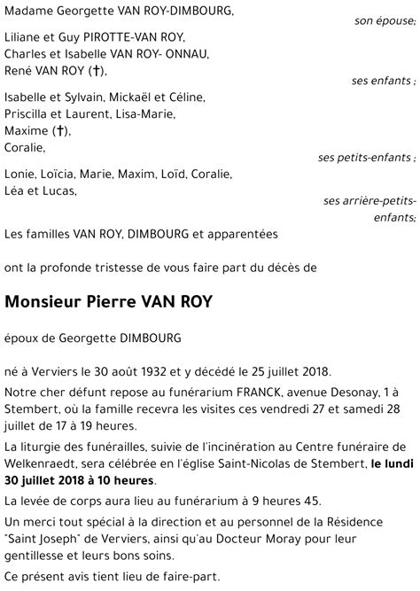 Avis De Décès De Pierre Van Roy Décédé Le 25072018 à Verviers Annonce Condoléances Fleurs
