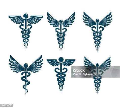 집합이는 Caduceus 기호 새 날개와 뱀이 사용 하 여 만든 벡터 의료 치료 및 재활 테마 삽화입니다 의술 지팡이에 대한