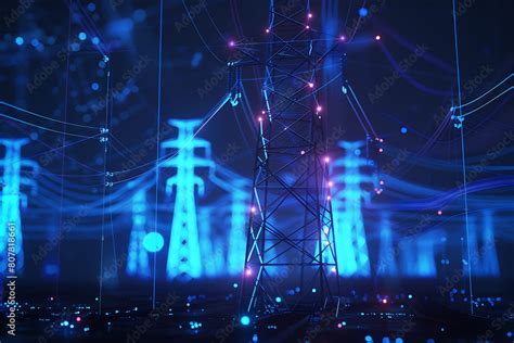 A Wireframe Based Visualization Depicts Transmission Lines Against A Glowing Translucent