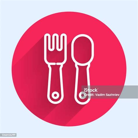 긴 그림자로 분리 된 흰색 라인 포크와 숟가락 아이콘 조리 기구 칼 붙이 기호 빨간색 원 버튼입니다 벡터 일러스트레이션 그릇에