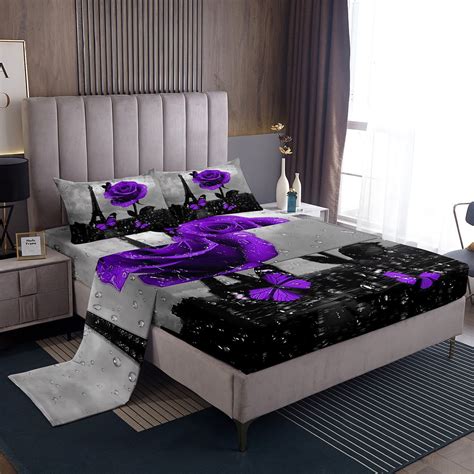 Vintage Purple Rose Sheet Set Romance Rose Flower Sheets For Women
