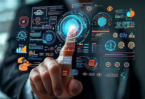 Hand Interacts With Futuristic Interface Visualizing Data Analytics And