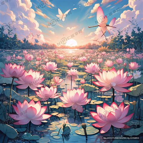 Ai创作图夏季场景 荷花 荷塘 满塘荷花 粉色莲花 蓝天白云 青蛙 白色猫咪 蜻蜓 昵图网