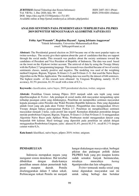 PDF ANALISIS SENTIMEN PADA PEMERINTAHAN TERPILIH PADA PILPRES DITWITTER MENGGUNAKAN