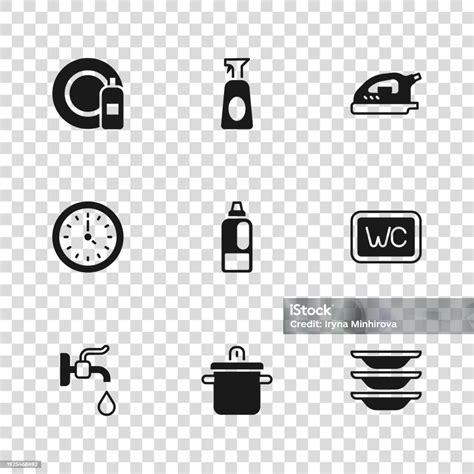 요리 냄비 화장실 설거지 세제 병 전기 다리미 식기 세척 병 및 접시 시계 아이콘이있는 청소 스프레이를 설정합니다 벡터 가사 집안일에 대한 스톡 벡터 아트 및 기타 이미지