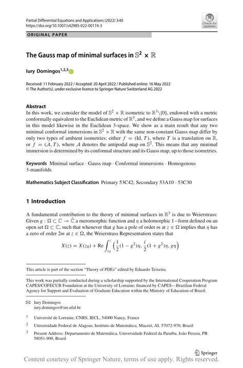 The Gauss Map Of Minimal Surfaces In Mathbb S 2 Times Mathbb R Request Pdf