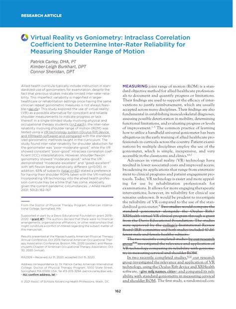 Pdf Virtual Reality Vs Goniometry Intraclass Correlation Coefficient To Determine Inter Rater