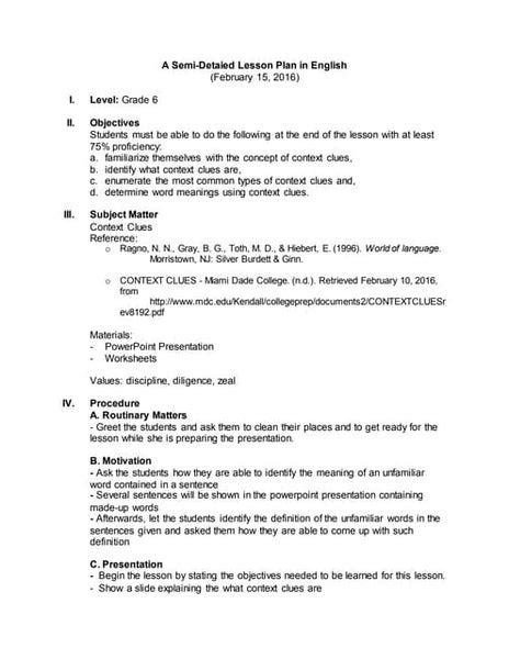 Semi Detailed Lesson Plan Semi Detailed Lesson Plan For Grade 11 English I Objectives At The