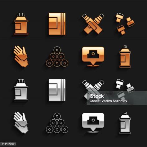 페인트 스프레이 캔 마커 펜 부착 스프레이 노즐 캡 고무 장갑 페인트 구 아슈 항아리 염료 및 나선형 노트북 아이콘을 설정합니다 벡터 검은색에 대한 스톡 벡터 아트 및 기타