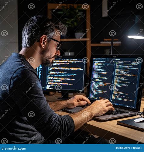 Focused Programmer Coding On Dual Monitors In A Modern Workspace