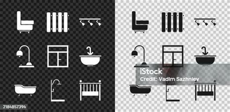안락 의자 난방 라디에이터 Led 트랙 조명 및 램프 욕조 샤워기 아기 침대 요람 침대 테이블 및 창문 객실 아이콘을 설정합니다 벡터 가구에 대한 스톡 벡터 아트 및 기타