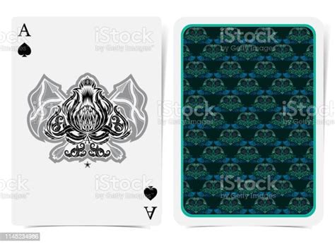 스페이드의 에이스 얼굴을 교차 플래그와 화살표와 다크 슈트에 파란색 꽃 패턴으로 다시 엉 겅 퀴 식물 패턴 벡터 카드 템플릿 0명에 대한 스톡 벡터 아트 및 기타 이미지