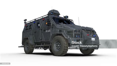Suv 트럭 방 탄 경찰 차량 흰색 배경 하단 보기 3d 렌더링에 고립 된 법 집행 자동차 기갑 특수 부대에 대한 스톡 사진 및