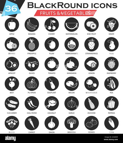 Vector Fruits And Vegetables Circle White Black Icon Set Ultra Modern