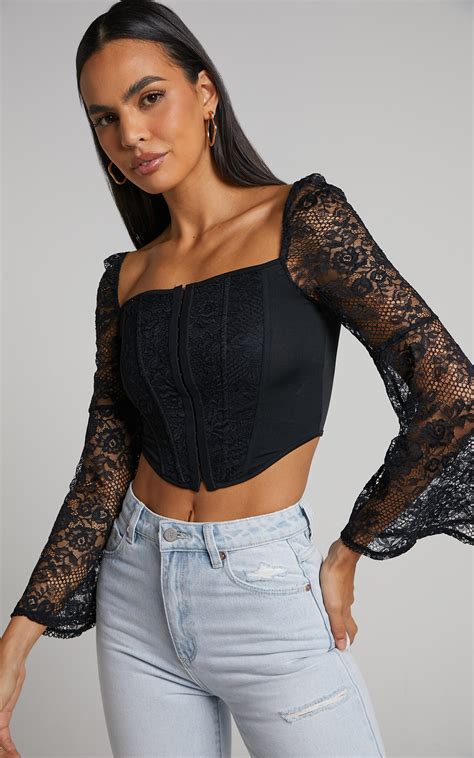 Sienna Top Lace Bell Sleeve Corset Top In Black Showpo Usa
