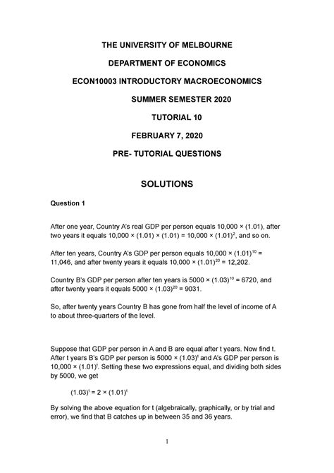 Pre Tutorial Sheet 10 Solutions The University Of Melbourne