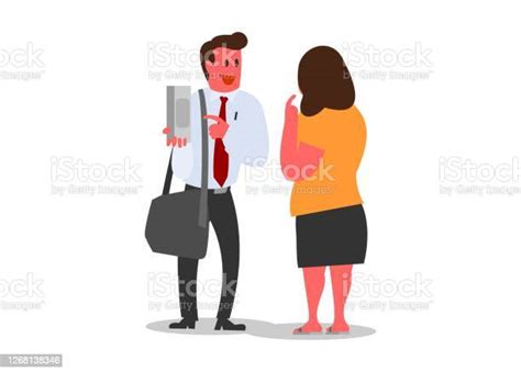 여성에게 상품을 제공하는 세일즈맨 간단한 평면 일러스트레이션 설득에 대한 스톡 벡터 아트 및 기타 이미지 설득 멍한 표정